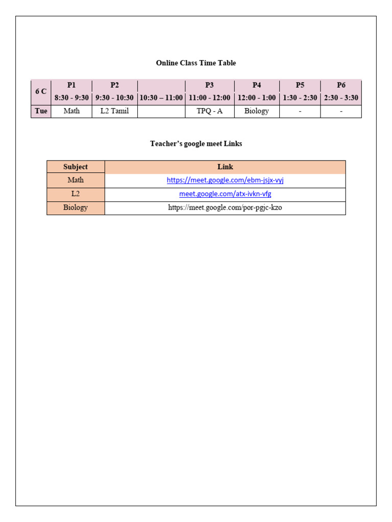 Parent Portal6C Online Class Time Table Links | PDF