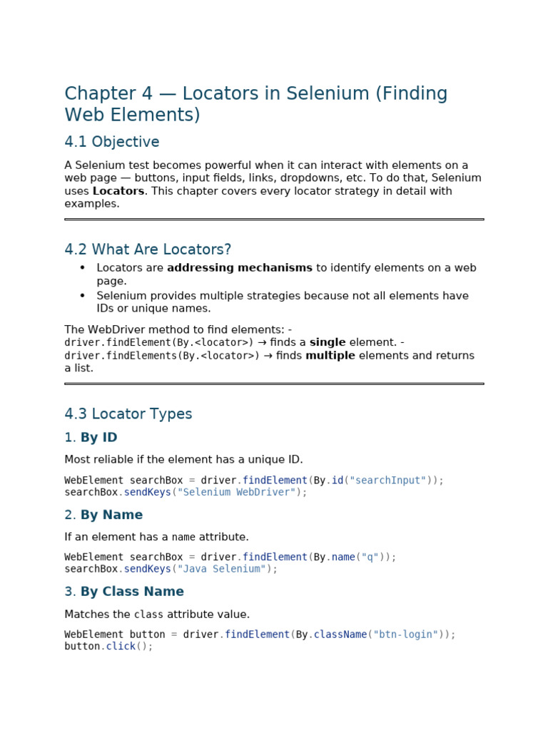 Chapter 4 — Locators in Selenium (Finding Web Elements) | PDF | Selenium (Software) | Hypertext