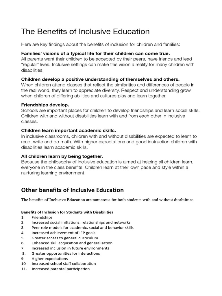 Benefits of Inclusive Education Explained | PDF | Inclusion (Education ...