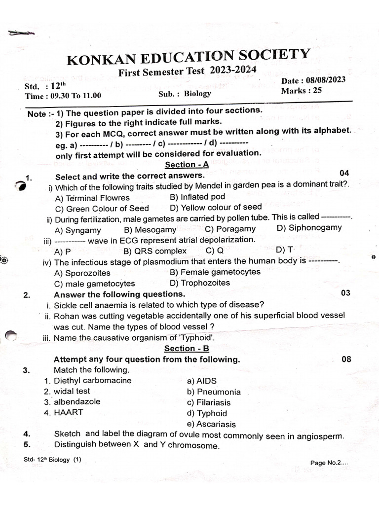 Biology Unit Test Q.paper | PDF