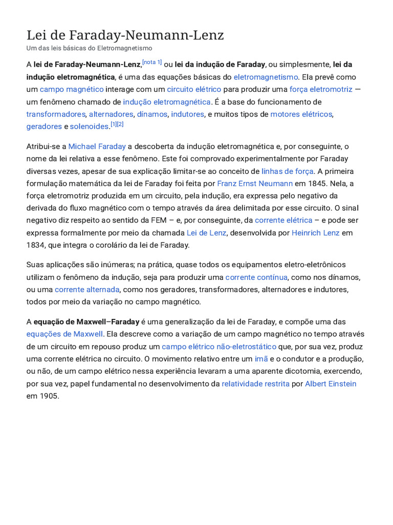 Lei de Faraday-Neumann-Lenz - Wikipédia, A Enciclopédia Livre | PDF ...