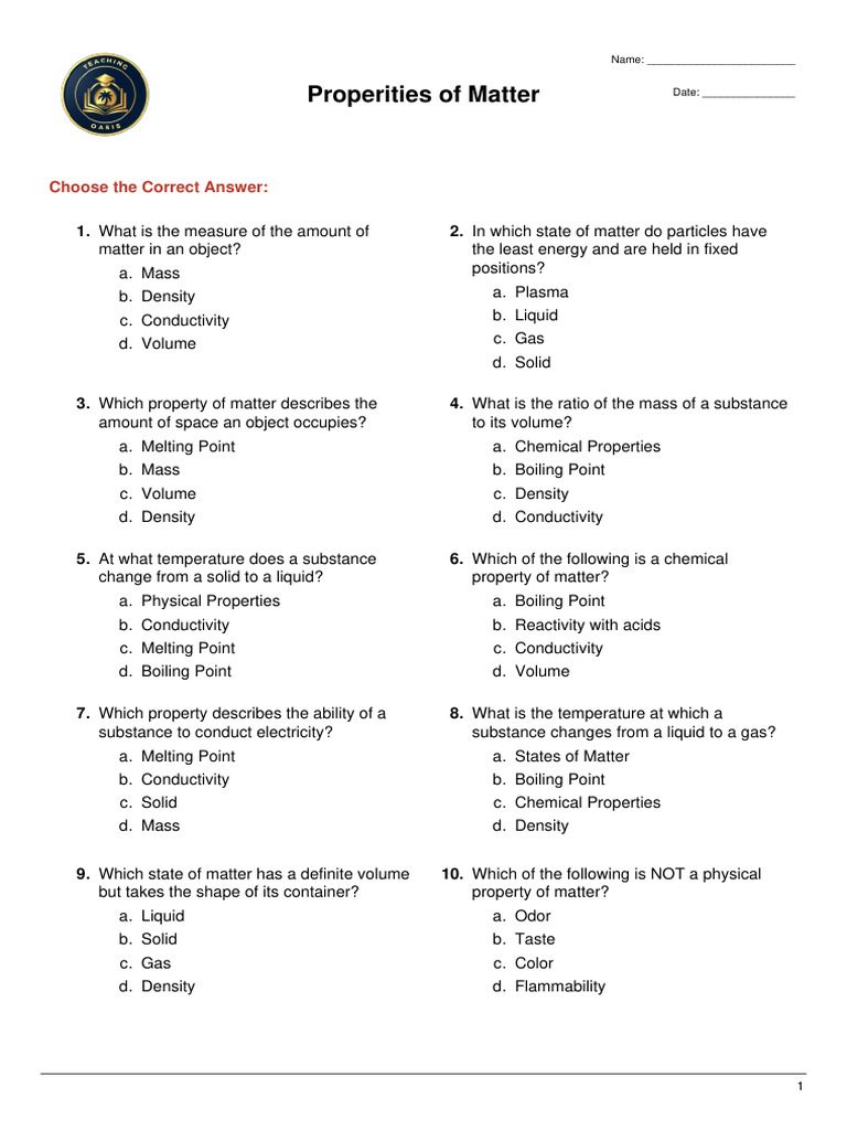 Properties of Matter Quiz and Answers | PDF | Matter | Electrical ...