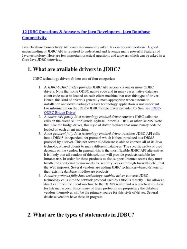 12 JDBC Questions & Answers For Java Developers - Java Database Connectivity | PDF | Data ...