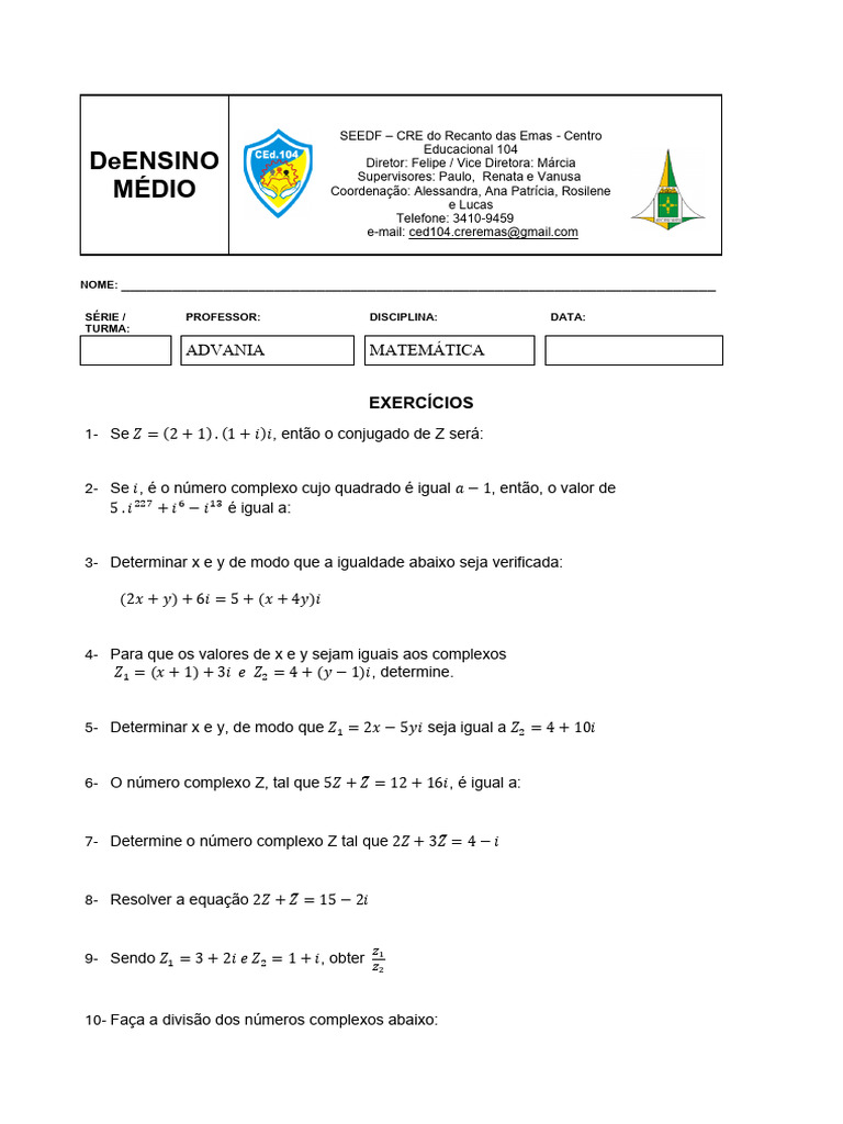 Exercícios (1) 2 Pontos | PDF | Número complexo | Álgebra