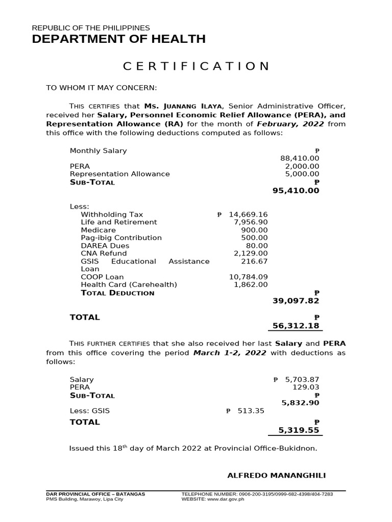 Salary Certification for MS. JUANANG ILAYA | PDF | Philippines | Taxation