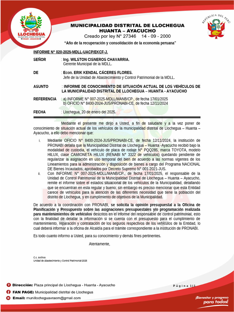 Informe #020-2025-Conocimiento de Situacion de Vehiculos MDLL | PDF