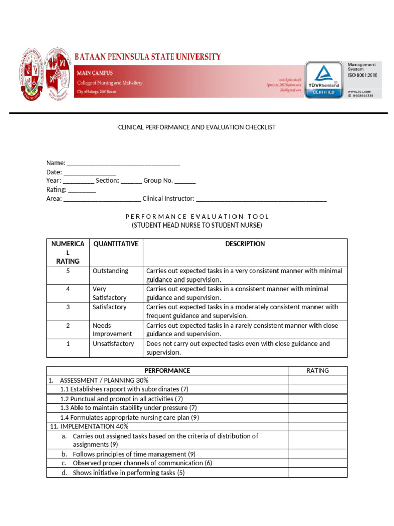 Student Head Nurse To Student Nurse Clinical Performance and Evaluation ...
