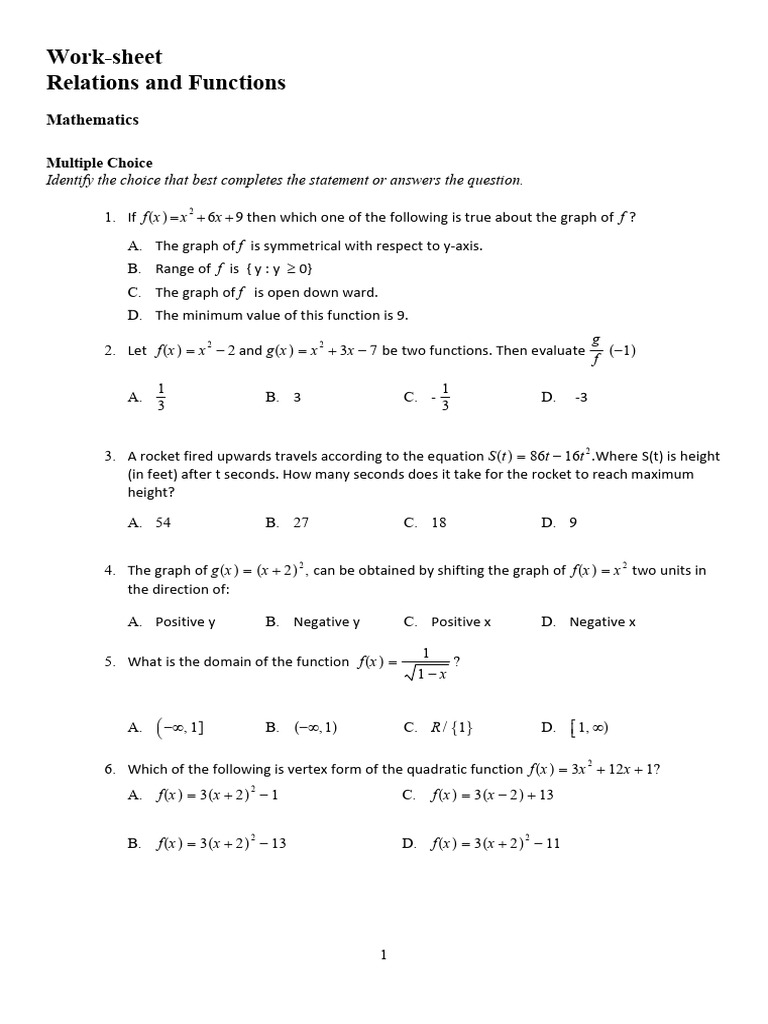 Math Worksheet: Relations & Functions Quiz | PDF | Function ...