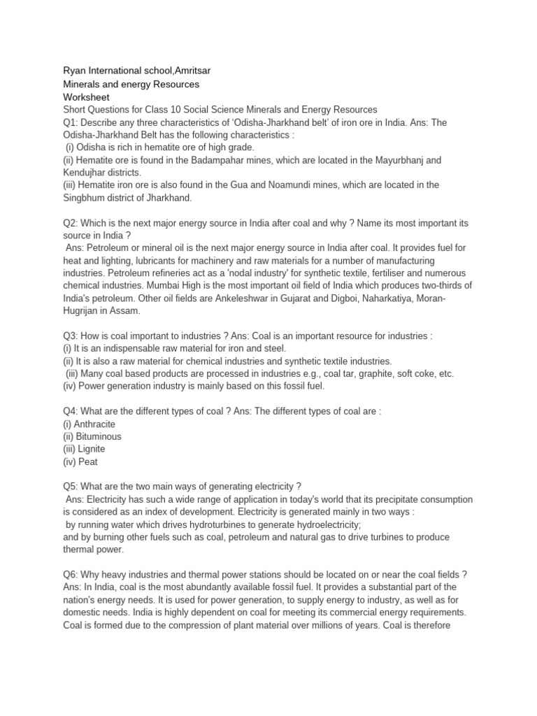 OS Worksheet Minerals and Energy Resources | PDF | Coal | Wind Power