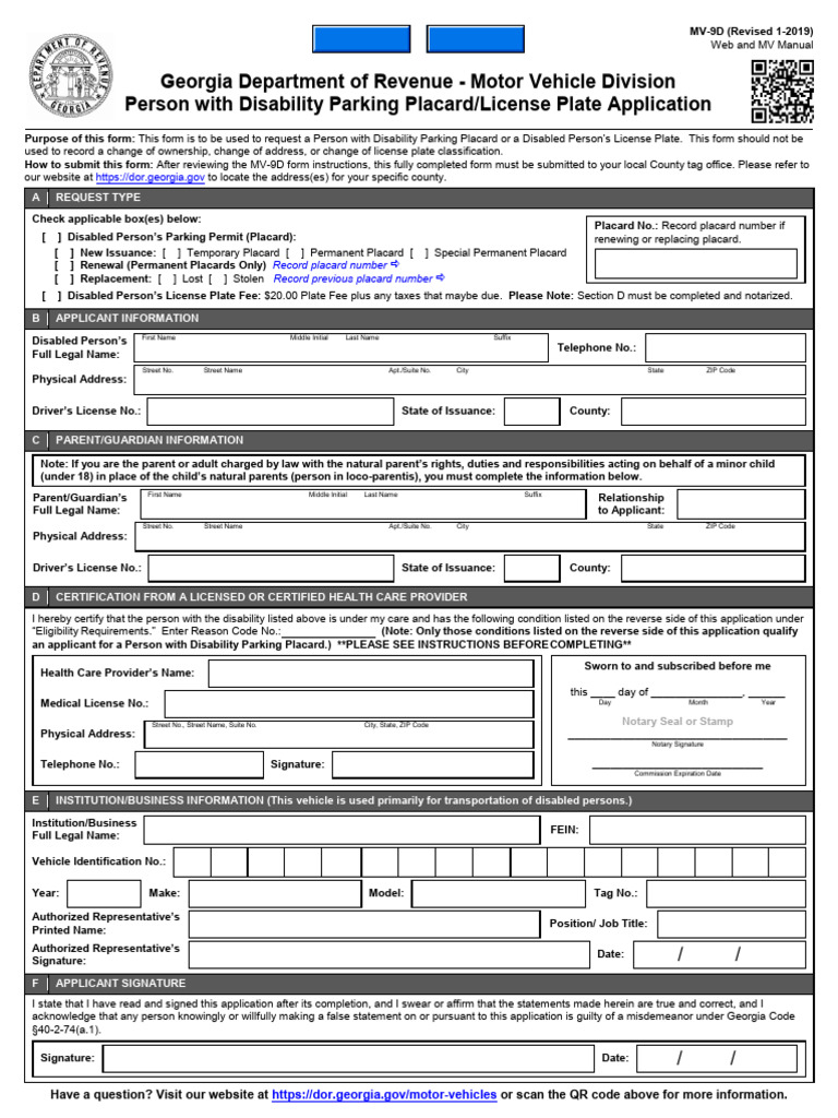 MV Disabled Persons Parking Affidavit Form MV9D | PDF | Visual Acuity ...