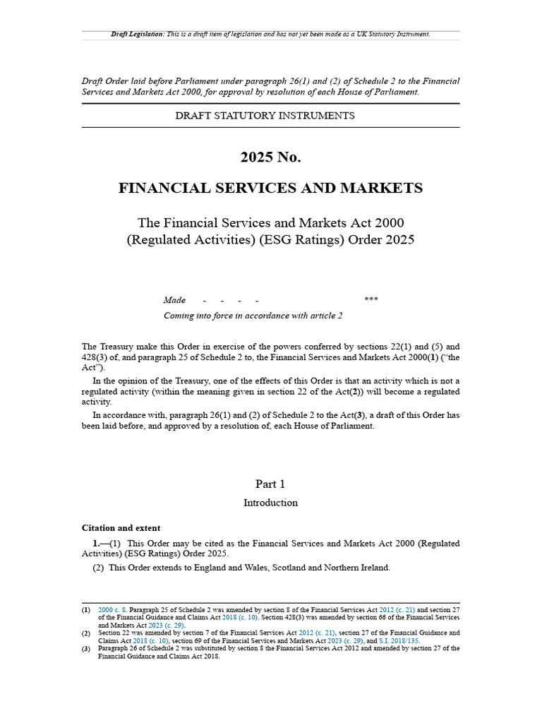 The Financial Services and Markets Act 2000 (Regulated Activities) (ESG Ratings) Order 2025 ...