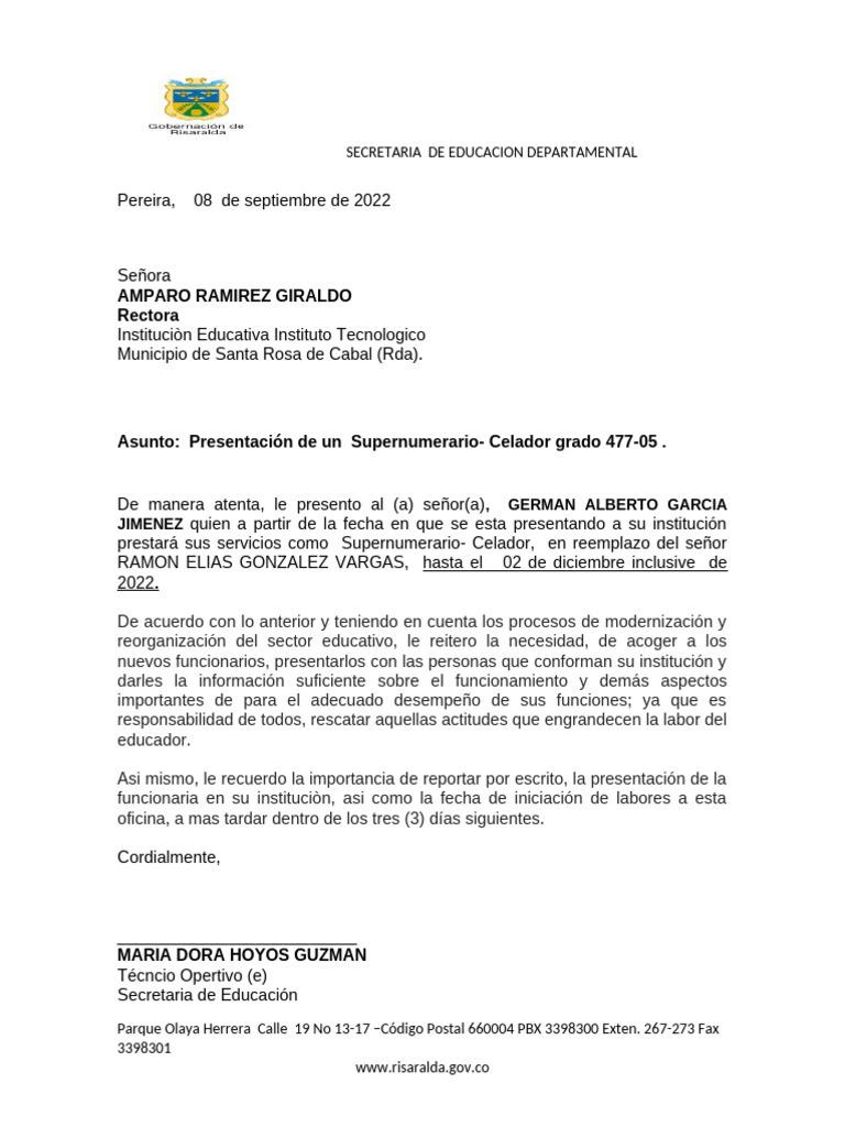 Carta de Presentac. de Un Adminsitrativo y Supernumerario Sept 2022 ...