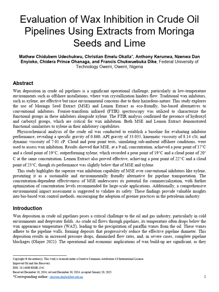 Evaluation of Wax Inhibition in Crude Oil Pipelines Using Extracts From ...