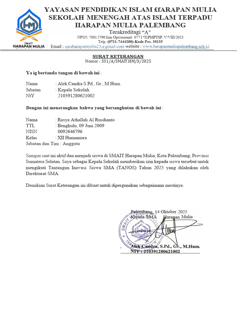 Surat Keterangan Siswa SMAIT Harapan Mulia | PDF