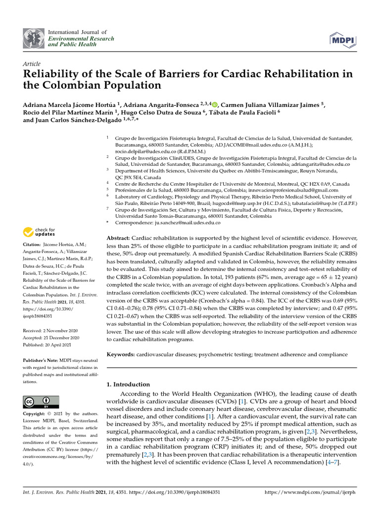 Cardiac Rehab Barriers Scale Reliability in Colombia | PDF | C Reactive ...