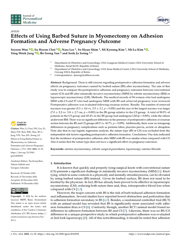 Barbed Suture in Myomectomy: Outcomes | PDF | Medicine | Medical ...