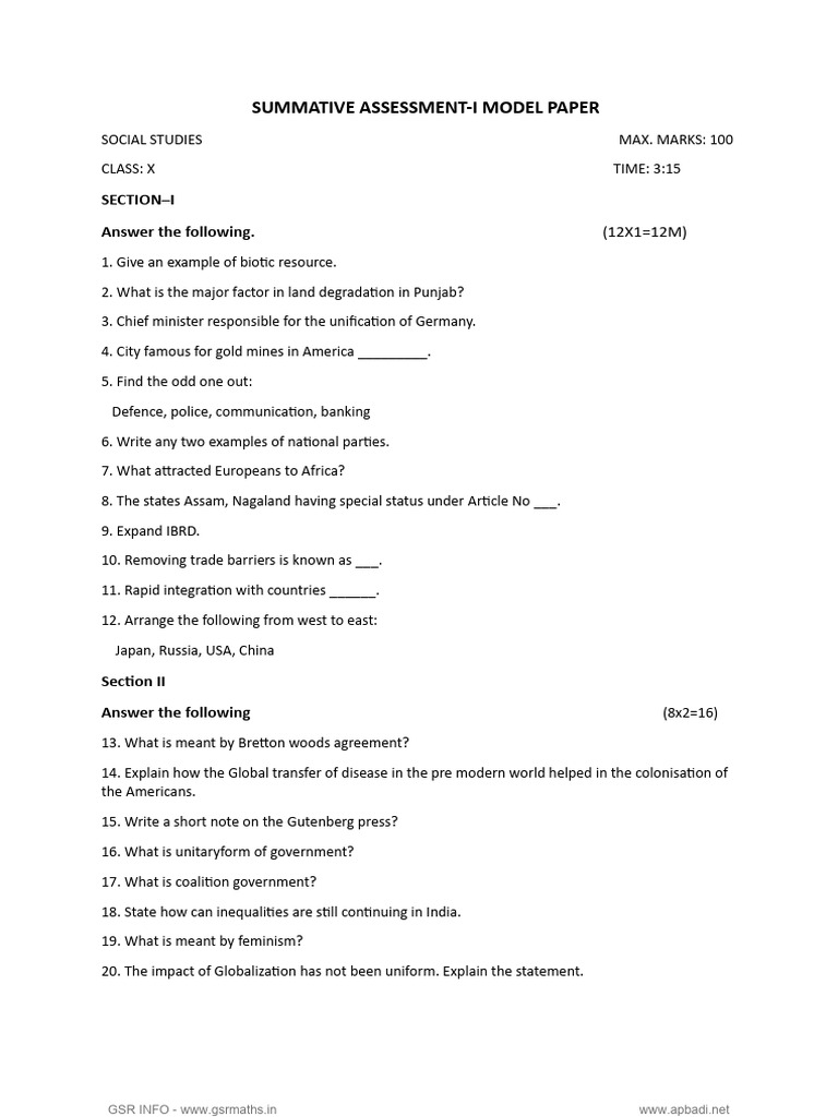 10th Class Social SA 1 2025-26 Model Paper 2 GSR INFO-www - Gsrmaths.in ...