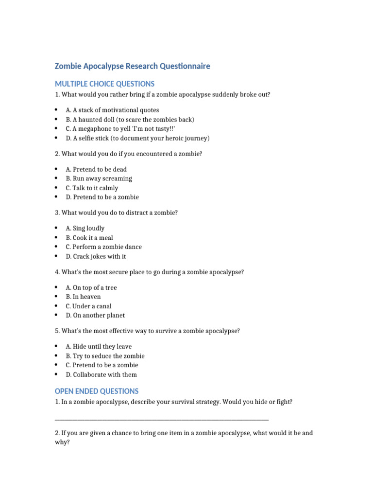 Zombie Apocalypse Survival Survey | PDF