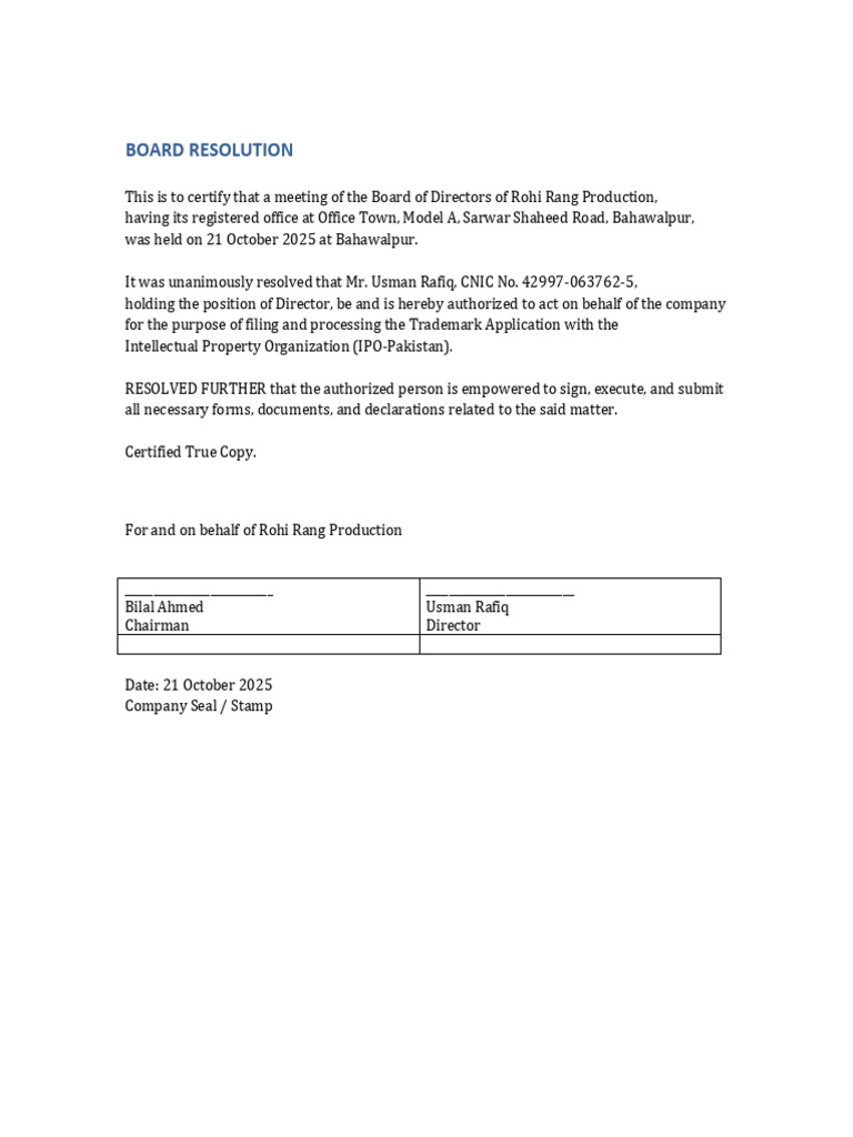 Board Resolution Trademark RohiRangProduction Final | PDF