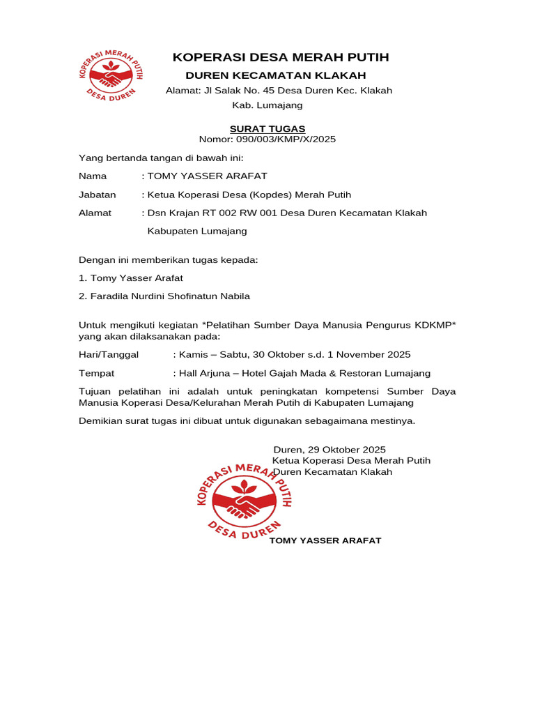 Surat Tugas Pelatihan Koperasi Merah Putih | PDF
