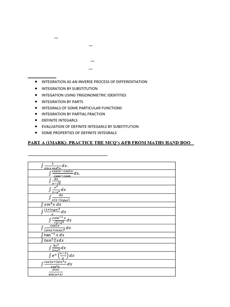 Integrals (18 Marks) | PDF | Integral | Mathematical Concepts