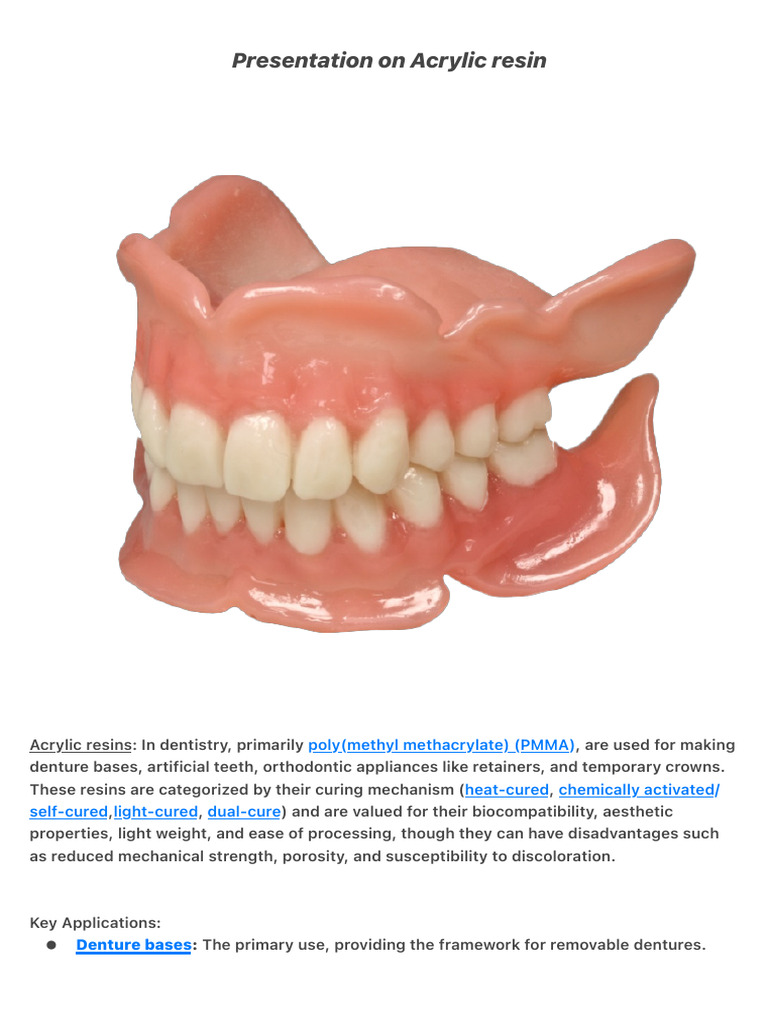 Acrylic Resins in Dentistry Overview | PDF