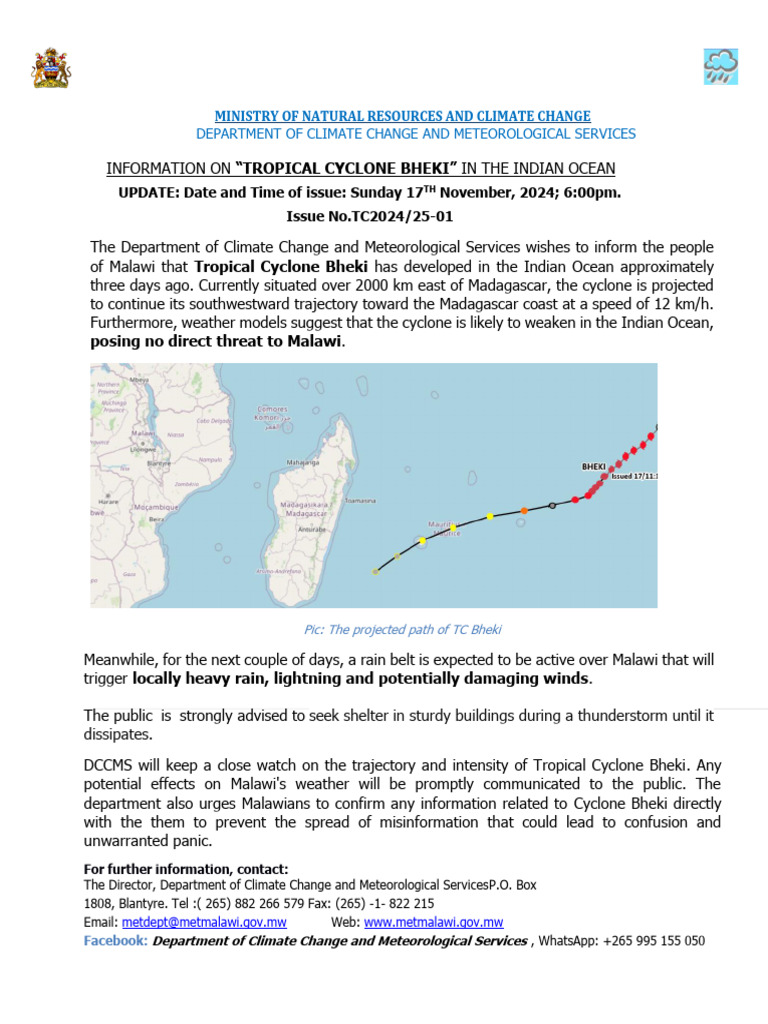Information On Tropical Cyclone Bheki Issued On 17 November 2024 | PDF