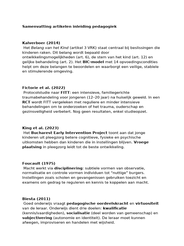 Samenvatting Artikelen Inleiding Pedagogiek | PDF