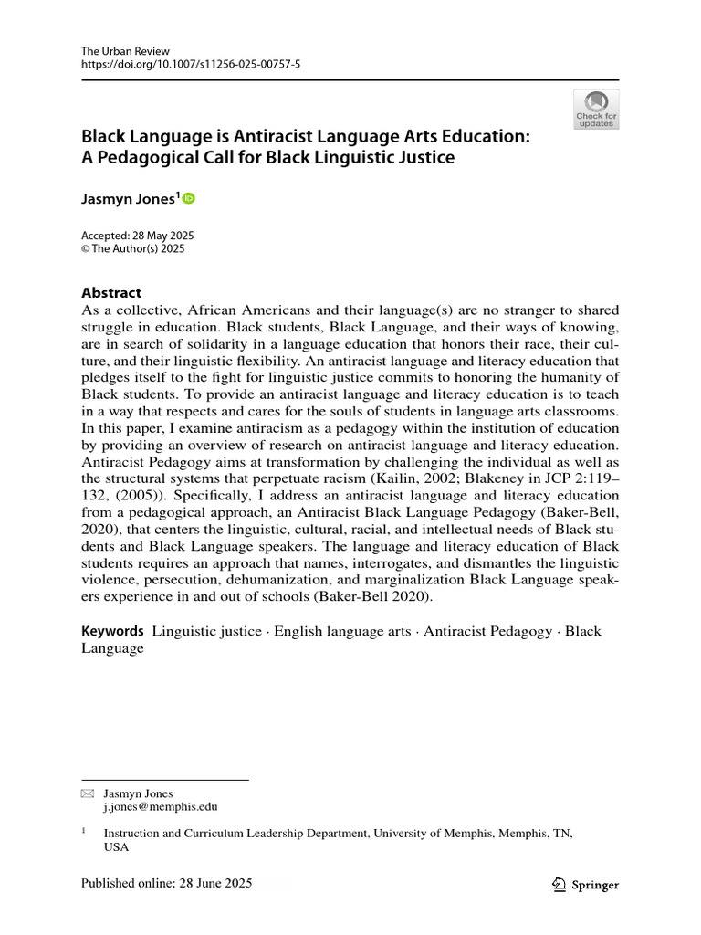 Black Language Is Antiracist Language Arts Education: A Pedagogical ...