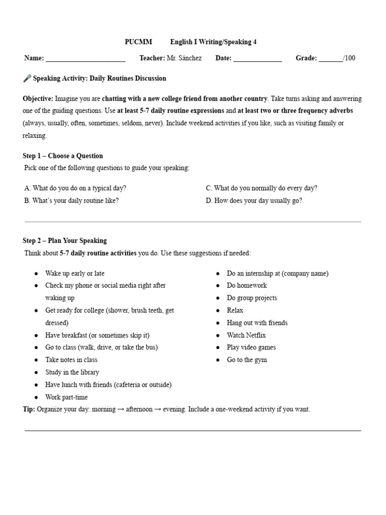 Spanish 1. Writing_Speaking 4_ Daily routines | PDF