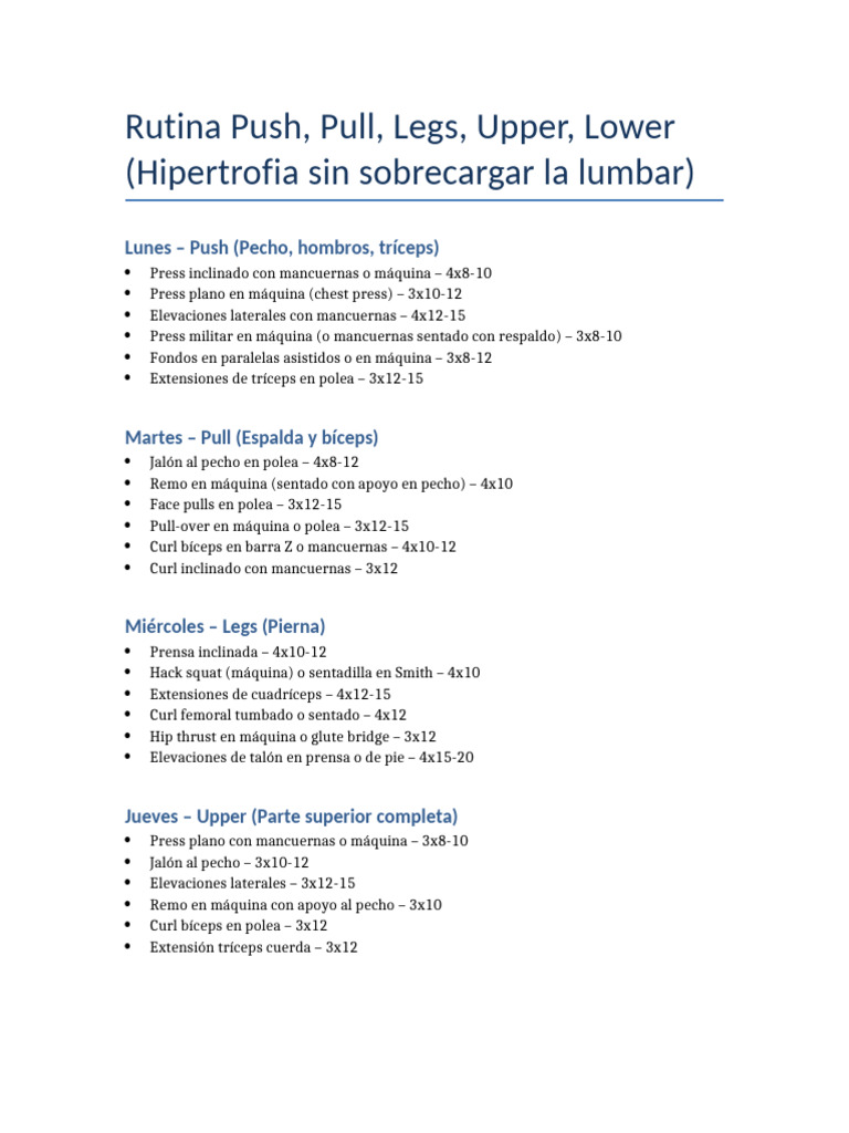 Rutina Push Pull Legs Upper Lower | PDF