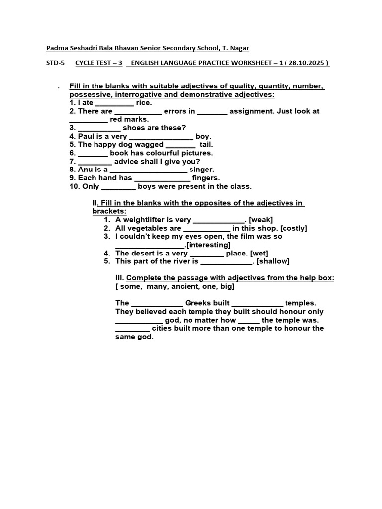 Std 5 Adjectives Worksheet 28.10 | PDF
