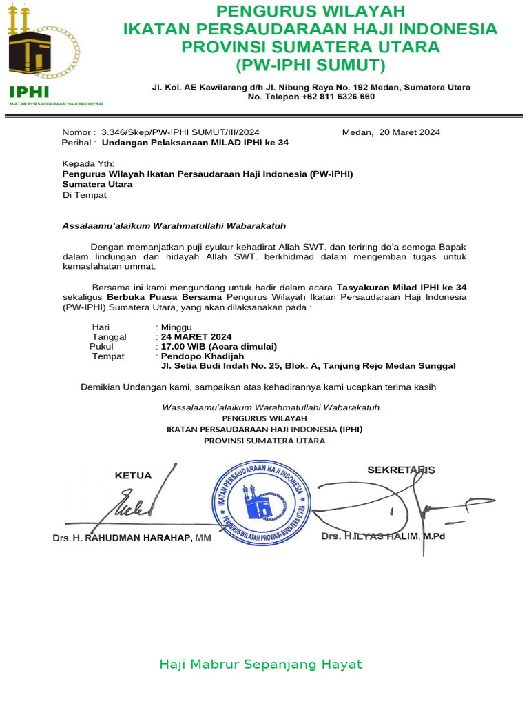 Surat Undangan PANITIA MILAD IPHI 34 TH Pengurus Wilayah Ikatan ...