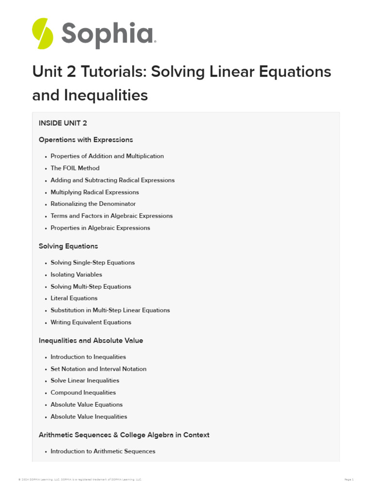 Unit 2 Tutorials Solving Linear Equations and Inequalities | PDF | Multiplication | Polynomial