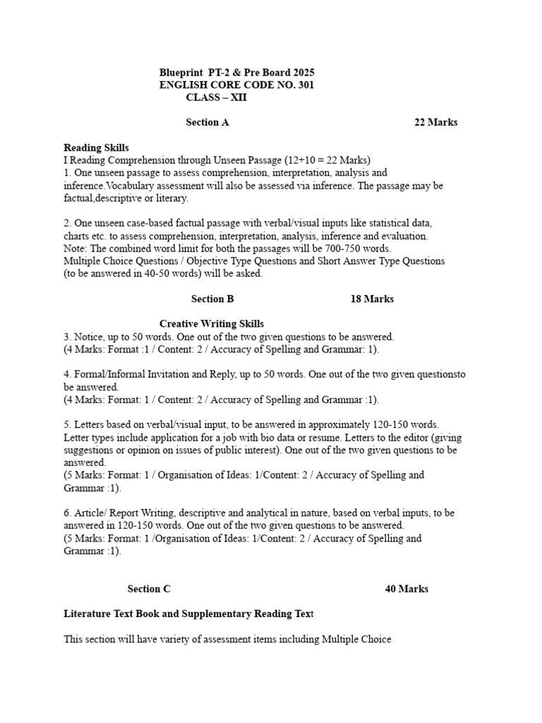 Blue Print Class 12 PT-2& Pre Board 2025 | PDF | Reading Comprehension ...