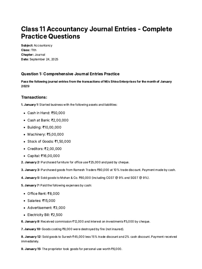 Class 11 Journal Entries Practice Guide | PDF | Debits And Credits ...
