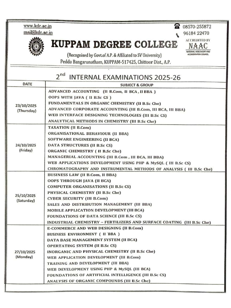 1st & 2nd Internal Examination Time Table 2025 | PDF