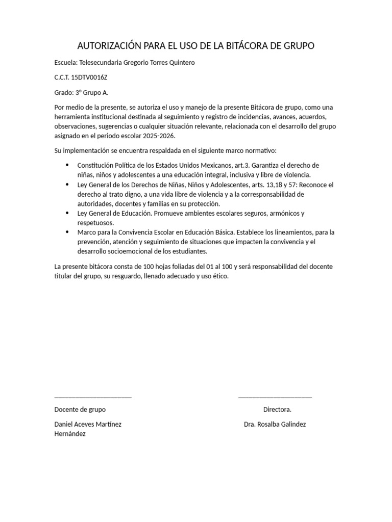 Autorización Para El Uso de La Bitácora de Grupo | PDF