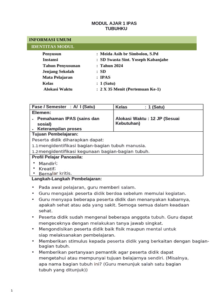Modul Ajar IPAS Kelas 1: Tubuh Manusia | PDF