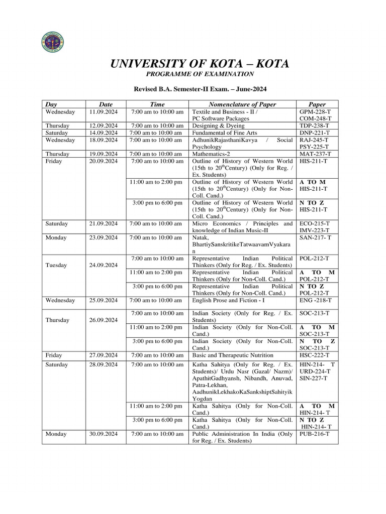 Revised Semester II Time Table Exam June 2024 B SC, B A, B Com | PDF