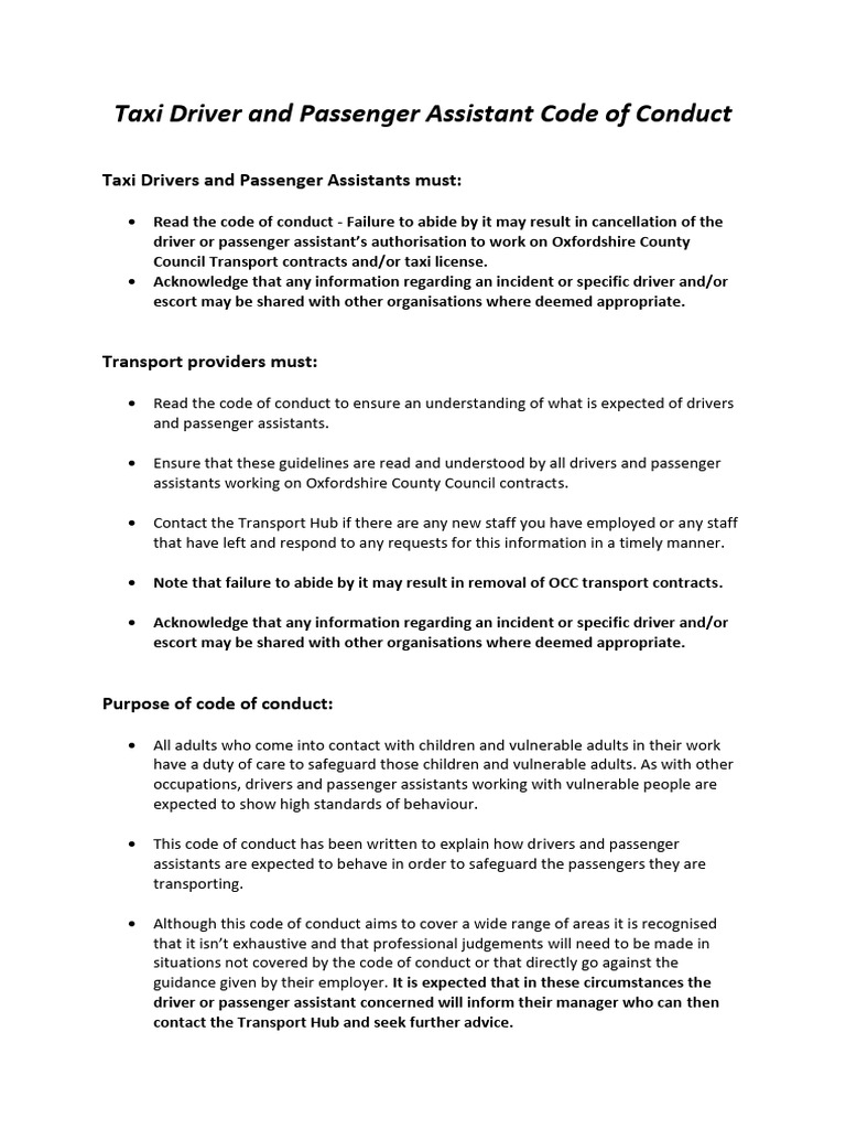 Taxi Driver and Passenger Assistant Code of Conduct | PDF ...