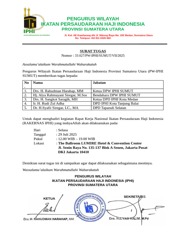 Surat Tugas RAKERNAS IPHI SUMUT 2025 | PDF