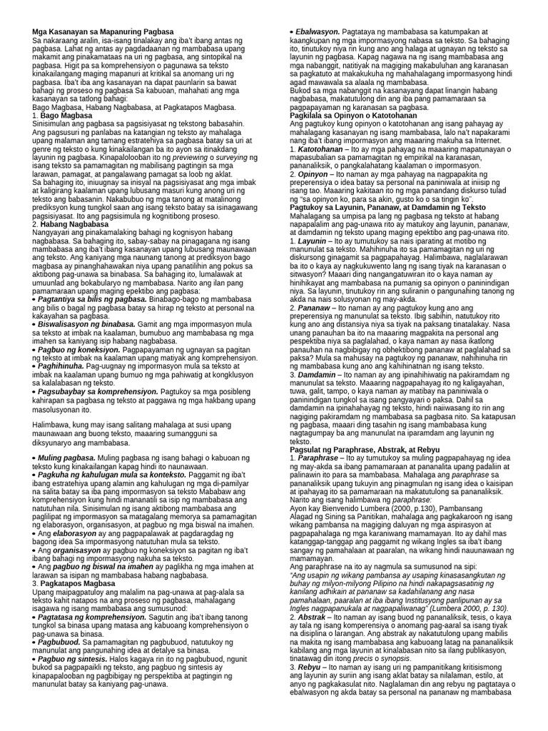 Aralin 2 Mga Kasanayan Sa Mapanuring Pagbasa | PDF