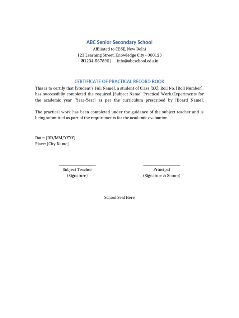 Practical Record Certificate Template | PDF