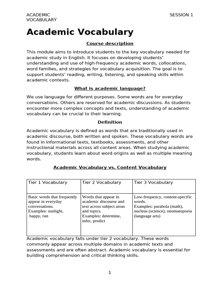 Session 1 Academic Vocabulary | PDF | Vocabulary | Reading Comprehension