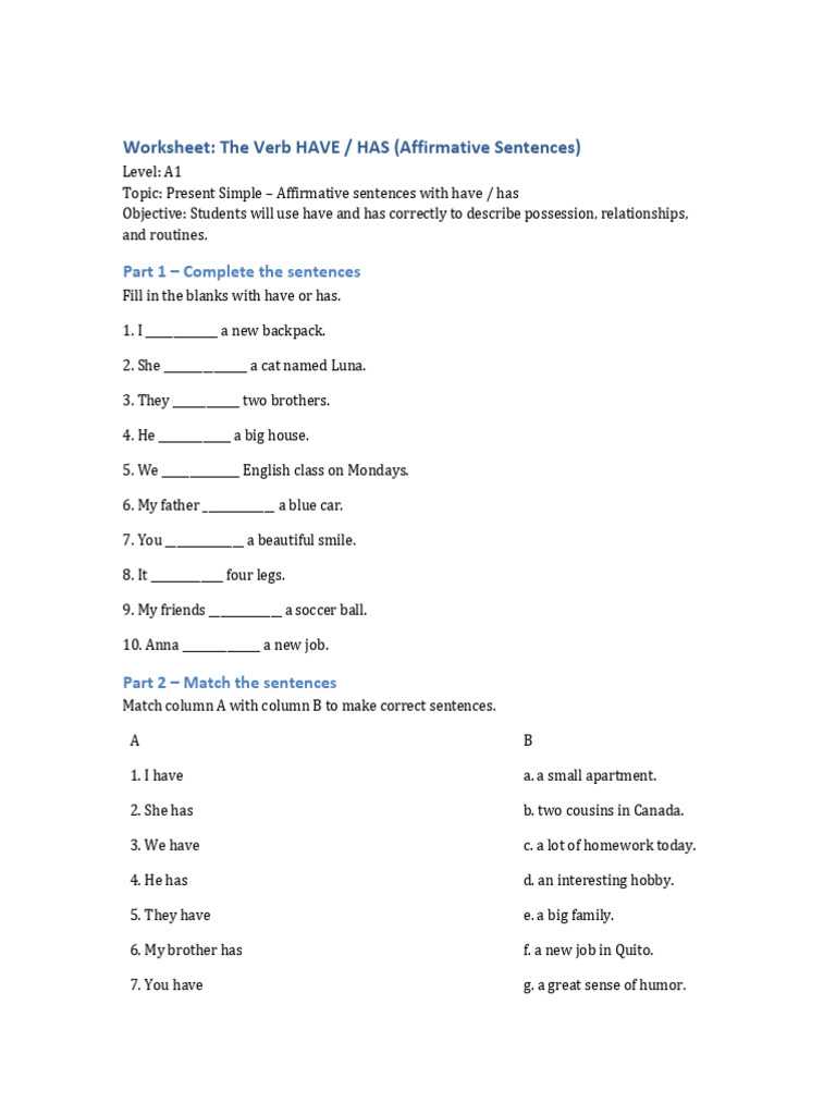 Worksheet: Using HAVE/HAS in Sentences | PDF | Chess Openings | Chess