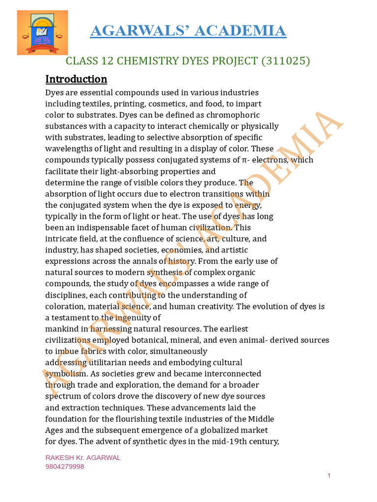 Class 12 Chemistry Dyes Project Overview | PDF | Dye | Dyeing