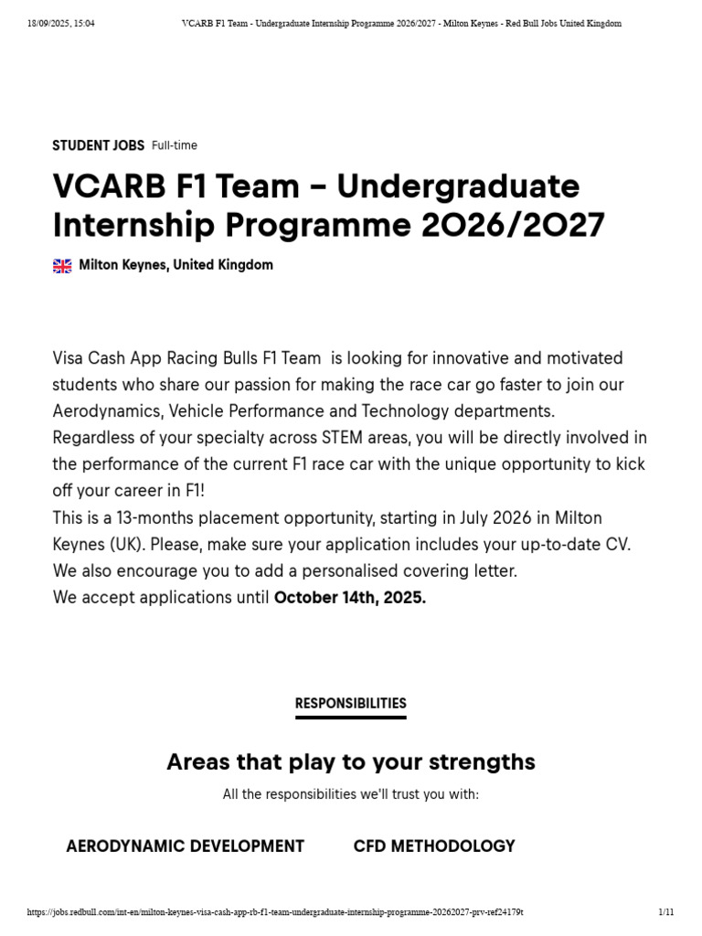 VCARB F1 Team - Undergraduate Internship Programme 2026 - 2027 - Milton ...