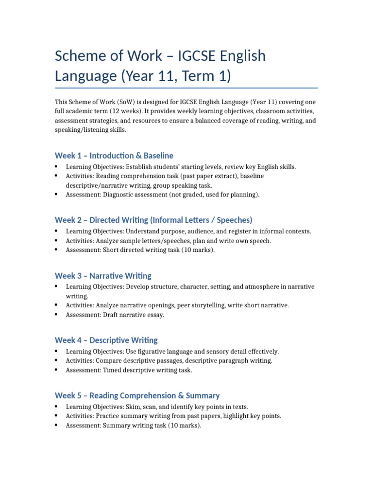 IGCSE English Y11 Scheme of Work Term1 | PDF | Reading Comprehension ...