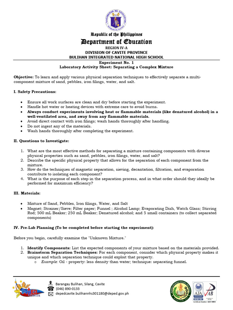 Laboratory No. 1 Separating Mixtures | PDF | Filtration